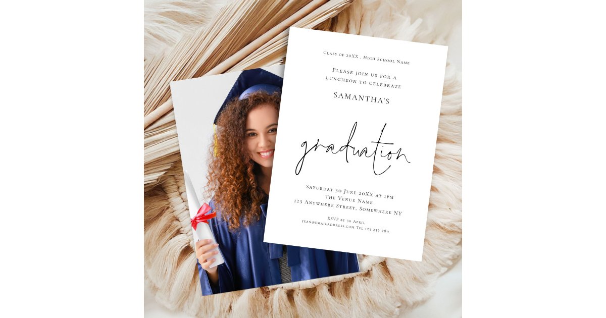 Simple Black White Grad Luncheon Photo Graduation Invitation | Zazzle