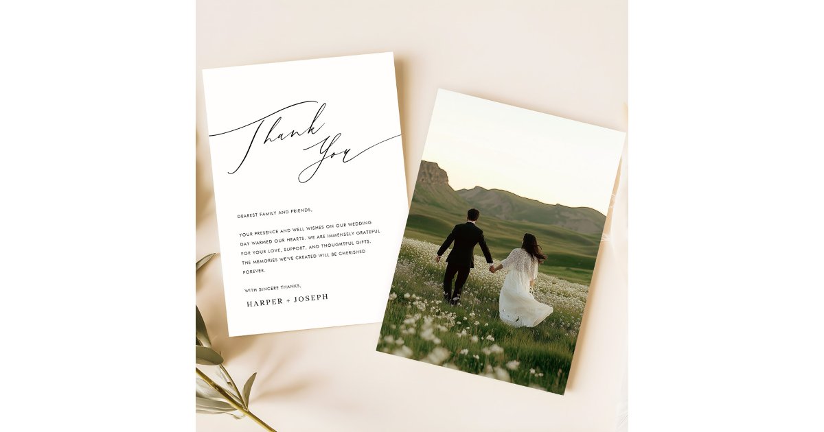 Simple Black White Photo Wedding Reception Table Thank You Card | Zazzle