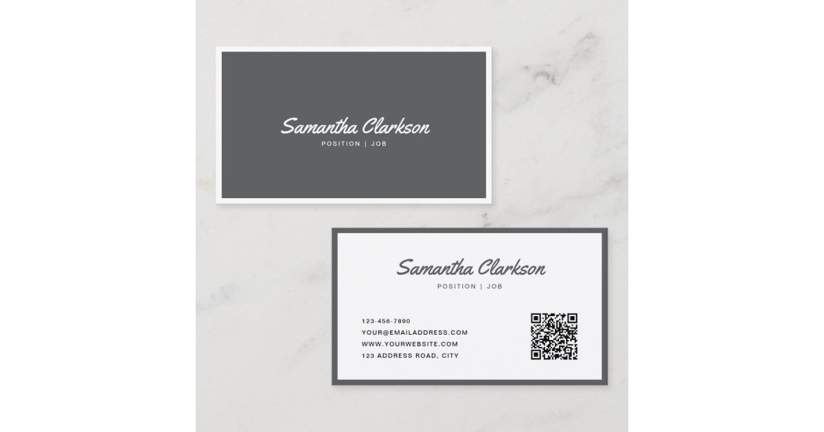 Simple Dark Grey Cursive Script Border QR Code Business Card | Zazzle