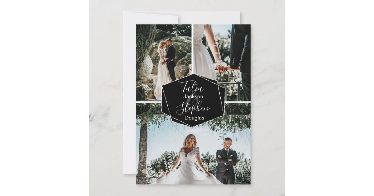 Simple elegant black 3 photo grid collage wedding invitation | Zazzle