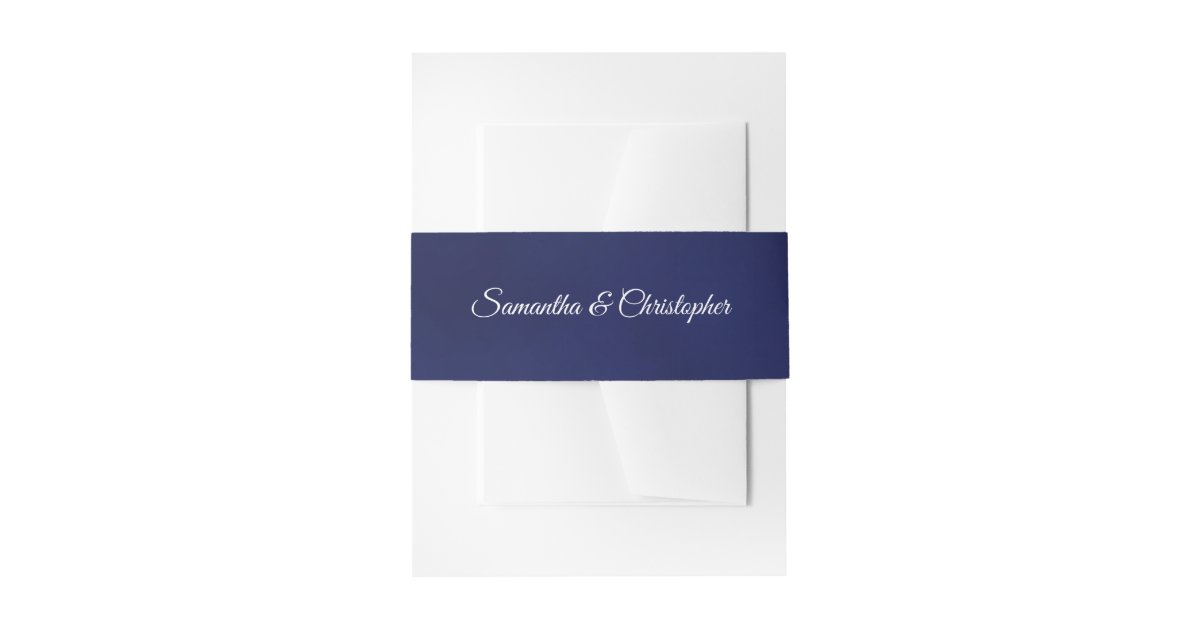 Simple Elegant Navy Blue with Names Wedding Invitation Belly Band | Zazzle