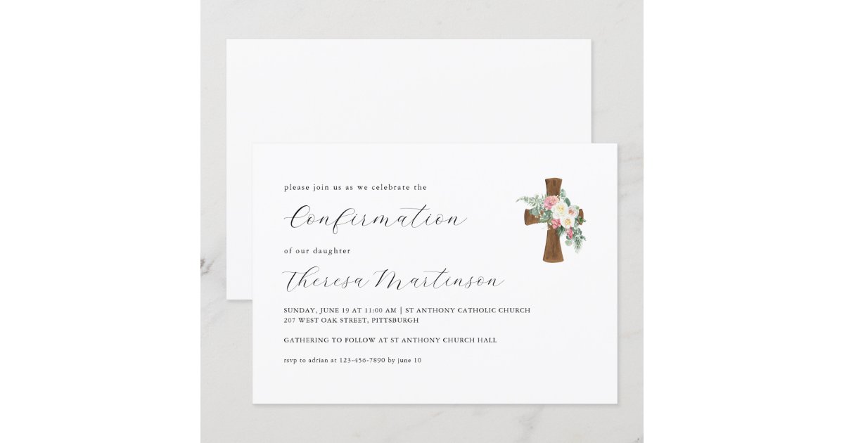 Simple Floral and Cross Calligraphy Confirmation I Invitation | Zazzle