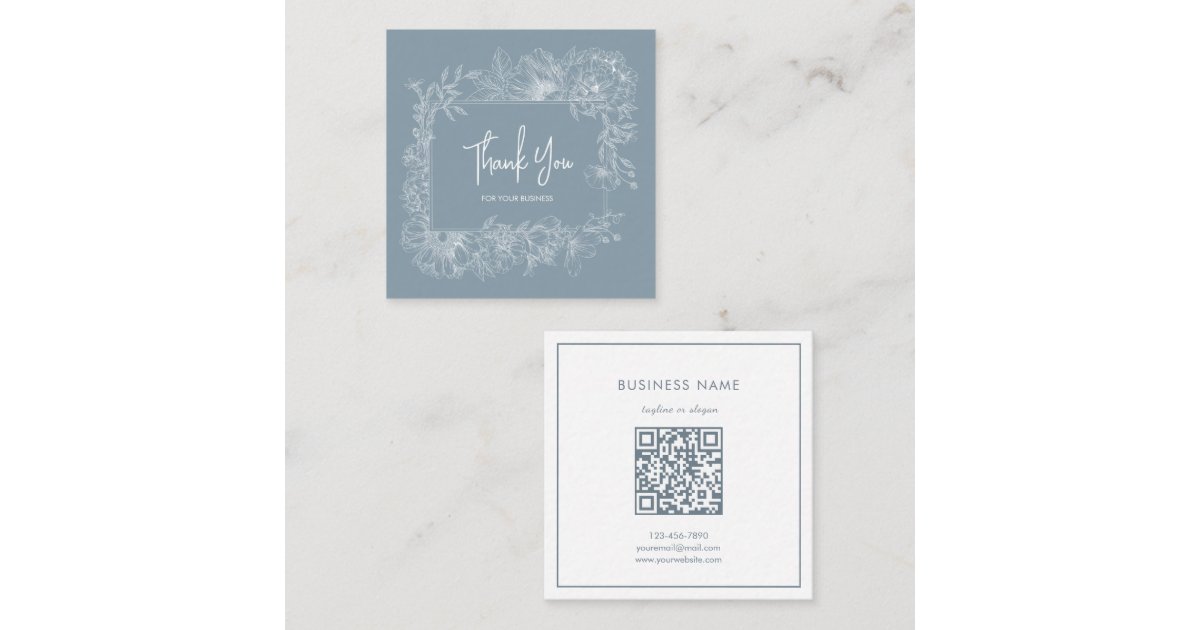 Simple Flower Frame Dusty Blue QR Code Thank You Square Business Card ...