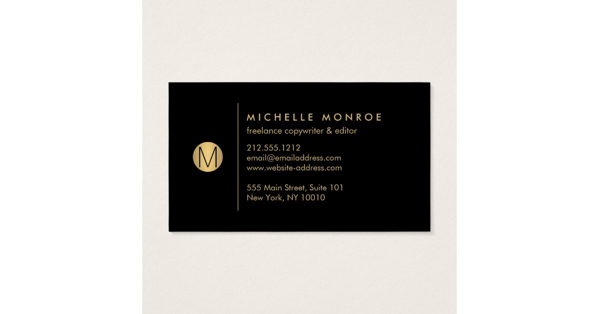 Simple Gold Circle Monogram Professional Black Business Card | Zazzle