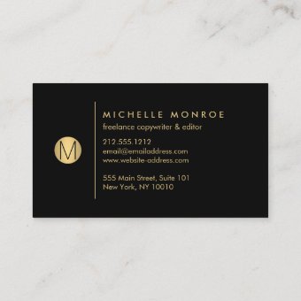 Simple Gold Circle Monogram Professional Black Business Card | Zazzle