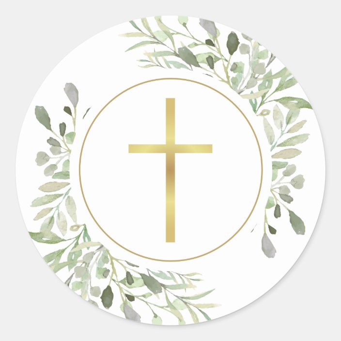 Simple Gold Cross Watercolor Greenery Classic Round Sticker | Zazzle.ca