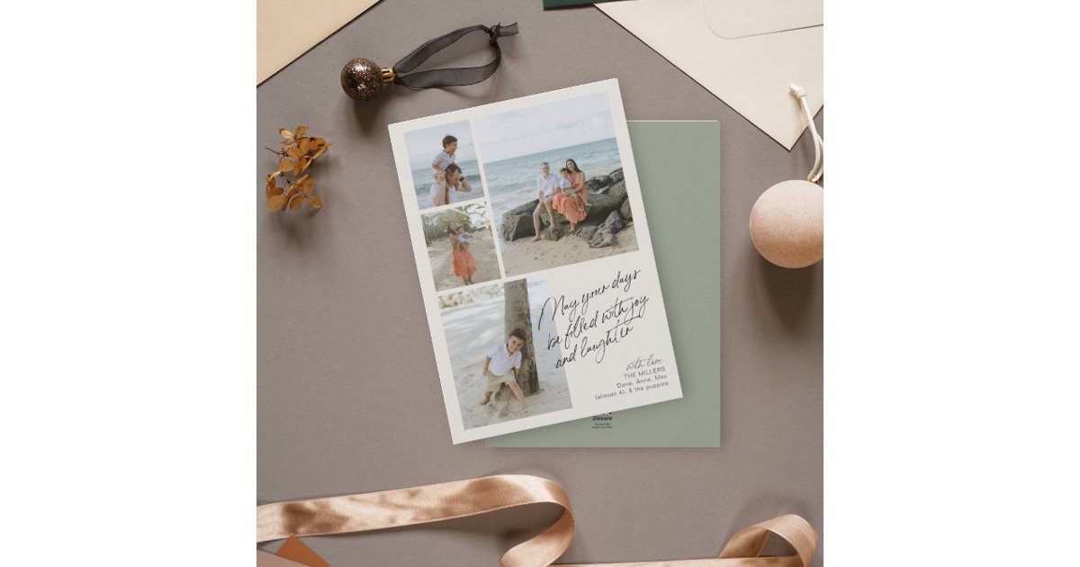 Simple Minimalist Joy Laughter Green Photo Collage Holiday Card | Zazzle