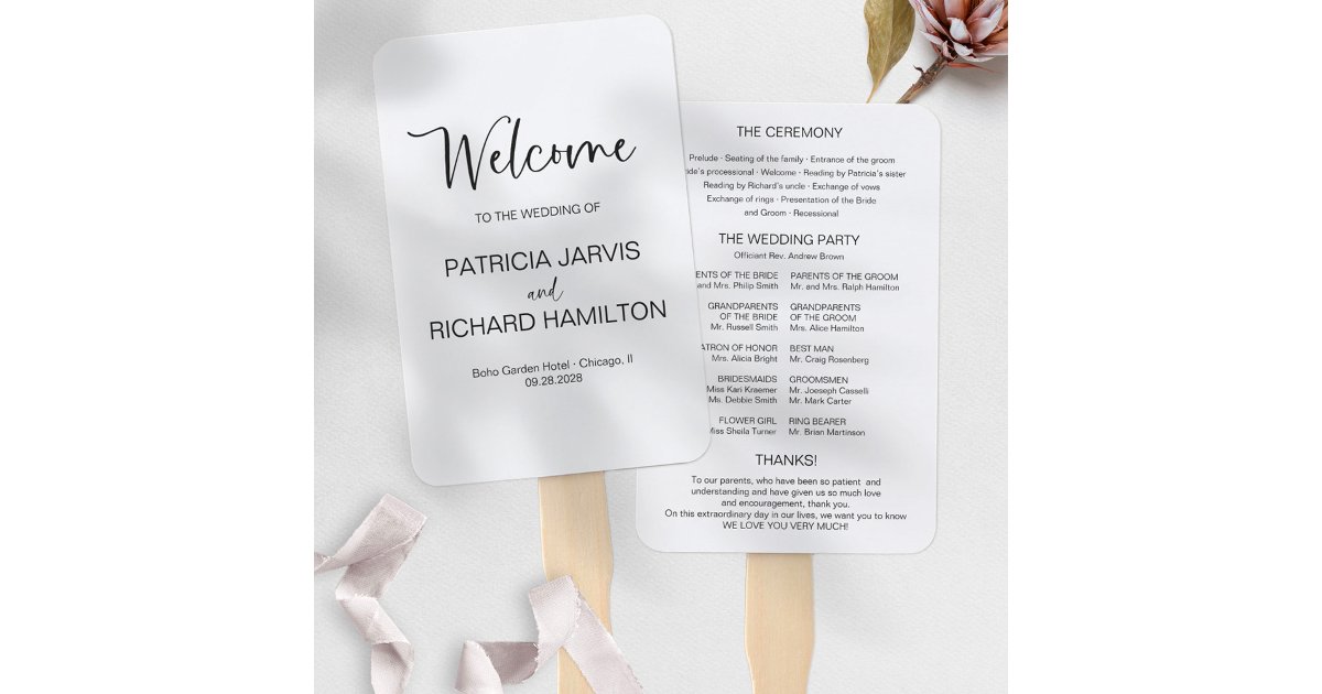Simple Modern Calligraphy Wedding Program Hand Fan | Zazzle