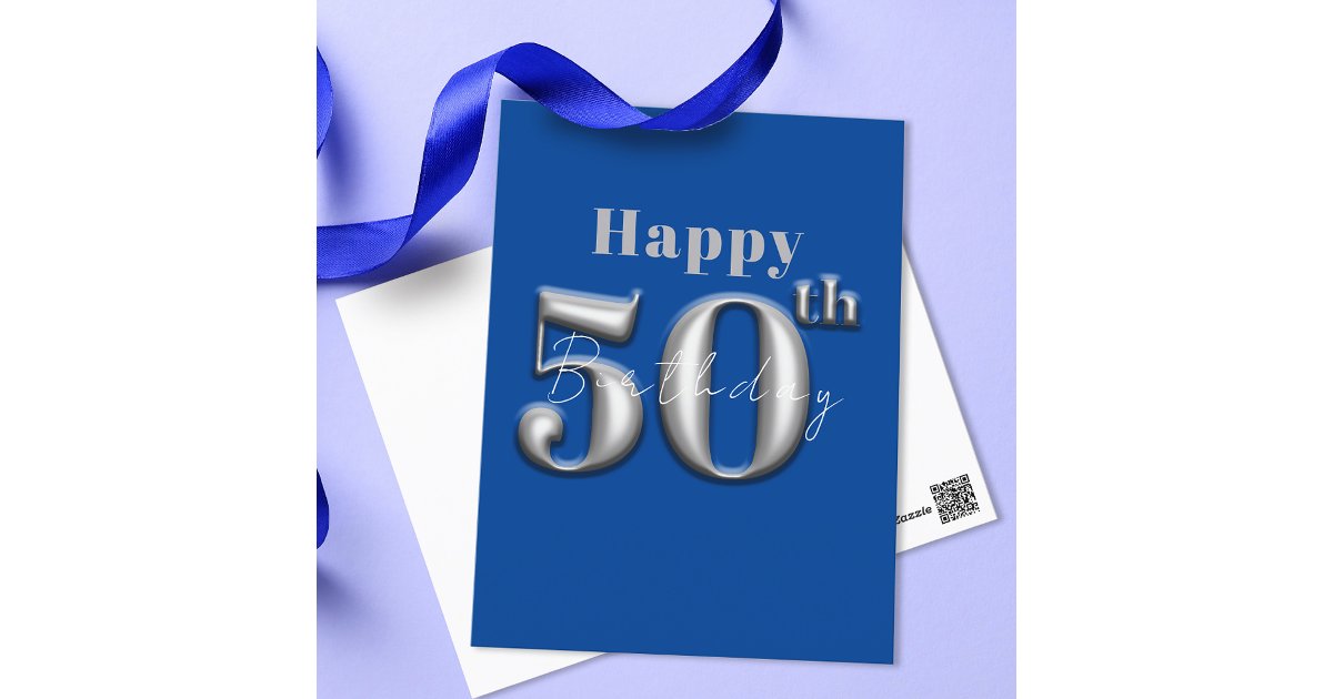 Simple Modern Royal Blue and Silver 50th Birthday Postcard | Zazzle