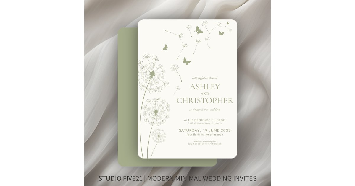 Simple Modern Sage Green Dandelion Wedding Invitation | Zazzle