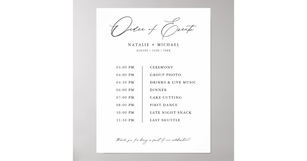 Simple Modern Script Wedding Order of Events Sign | Zazzle