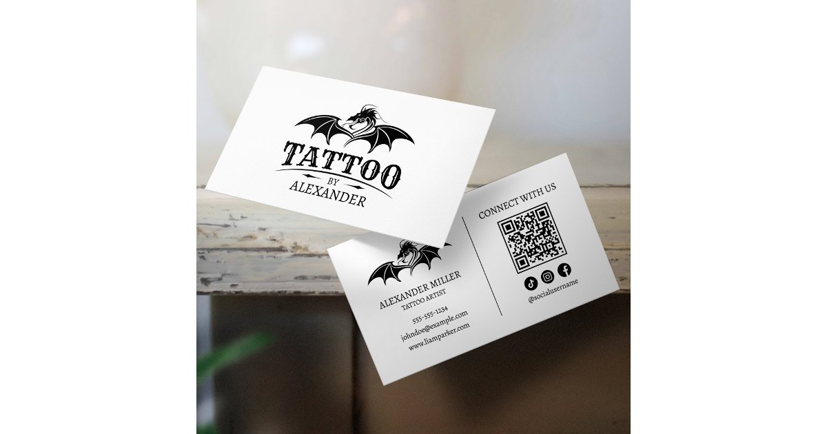 Simple Modern White Tattoo Artist Dragon QR Code Business Card | Zazzle