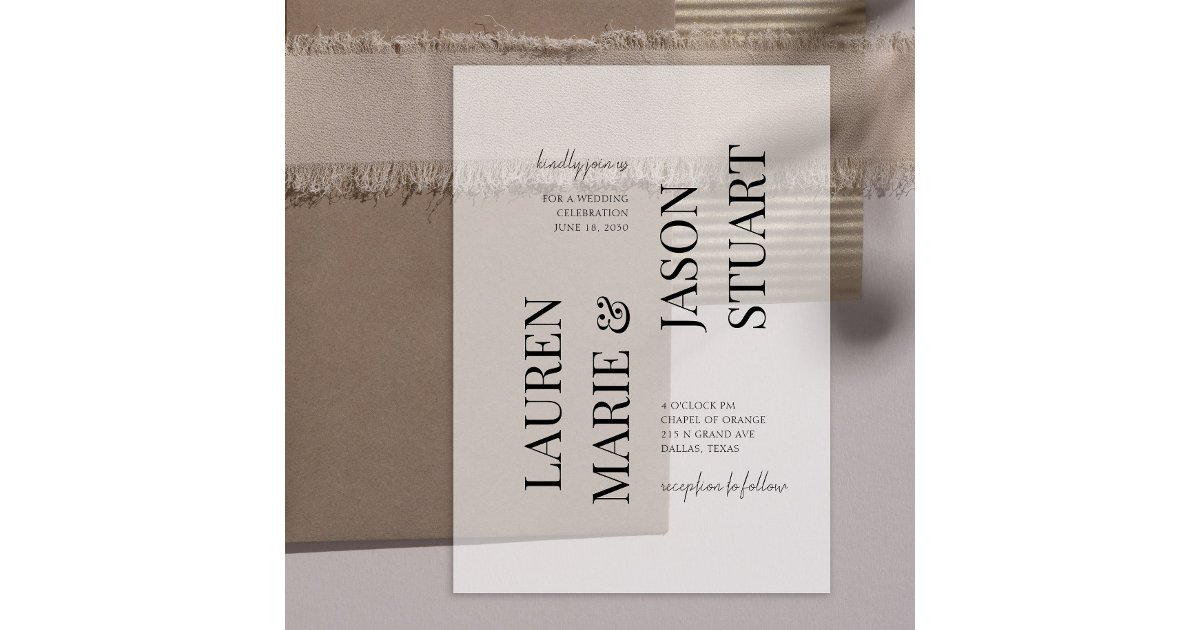 Simple Real Vellum Overlay Typography Wedding Vellum Invitations | Zazzle