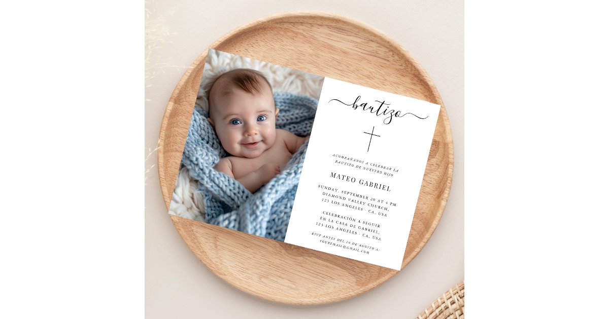 Simple Spanish Baptism | Calligraphy Bautizo Photo Invitation | Zazzle