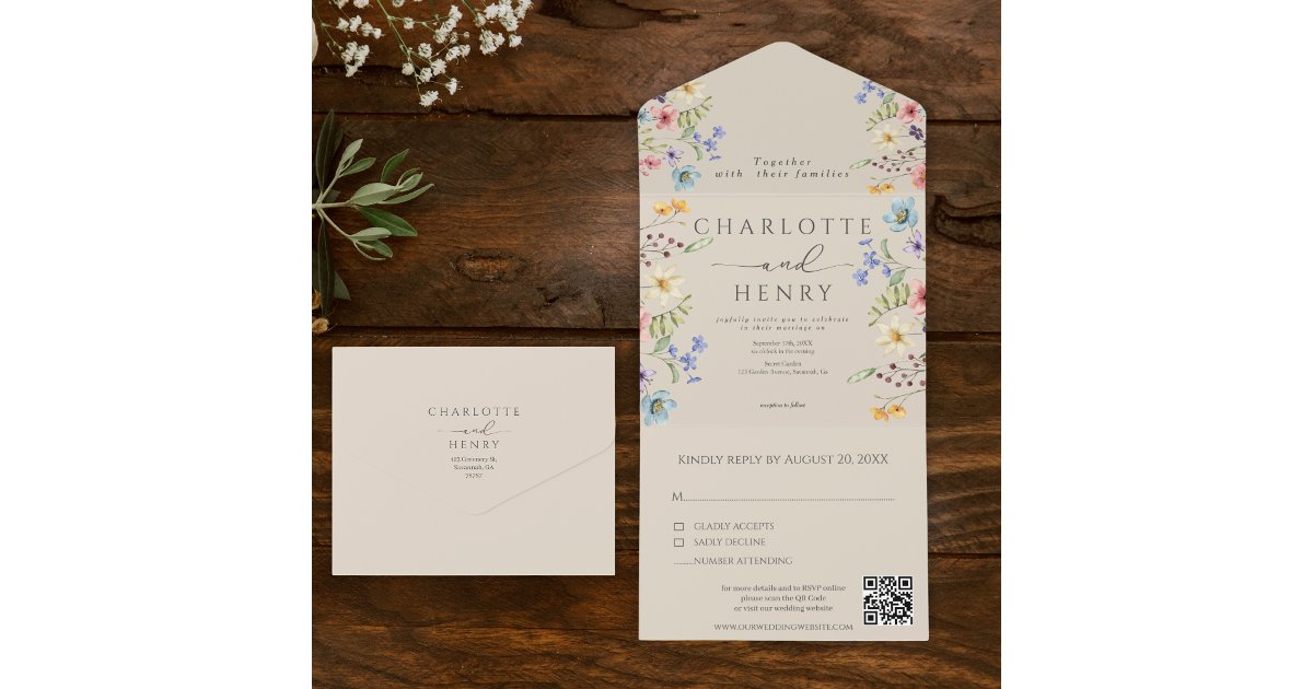 Simple Wildflowers Garden QR Code Wedding All In One Invitation | Zazzle