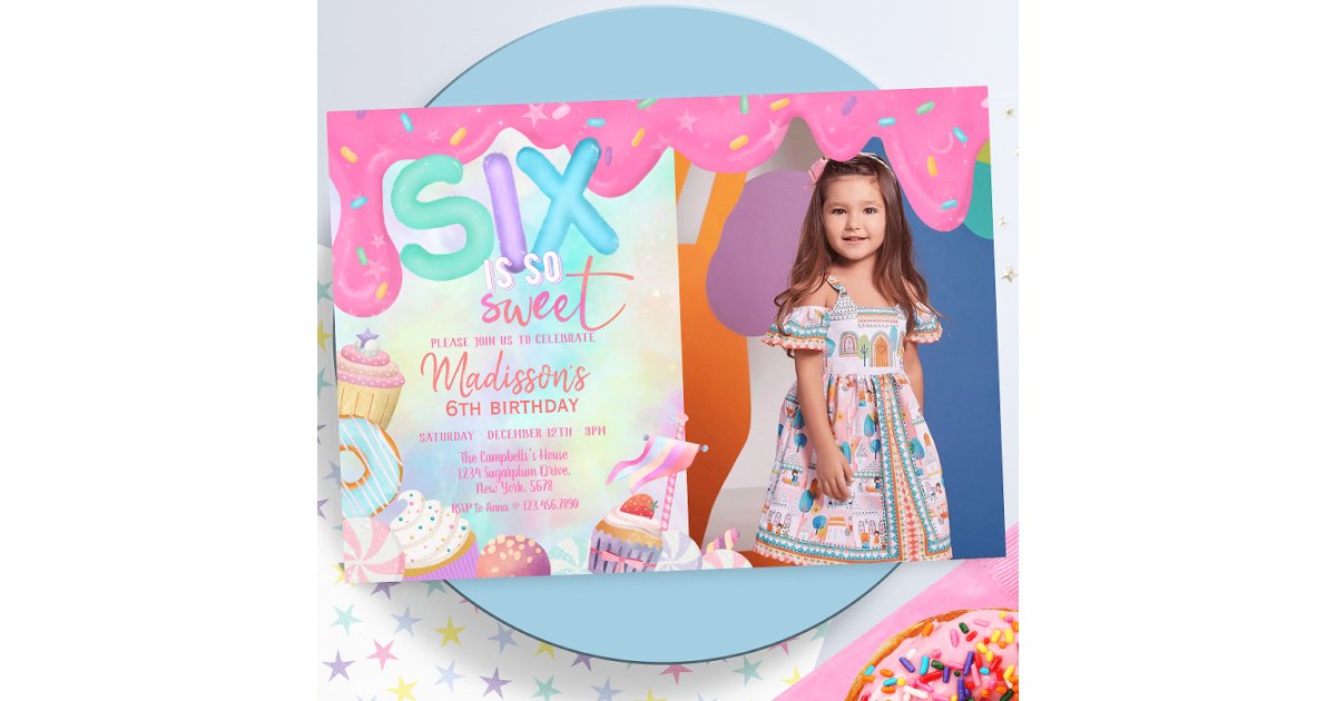 Six is so sweet custom photo invitation | Zazzle