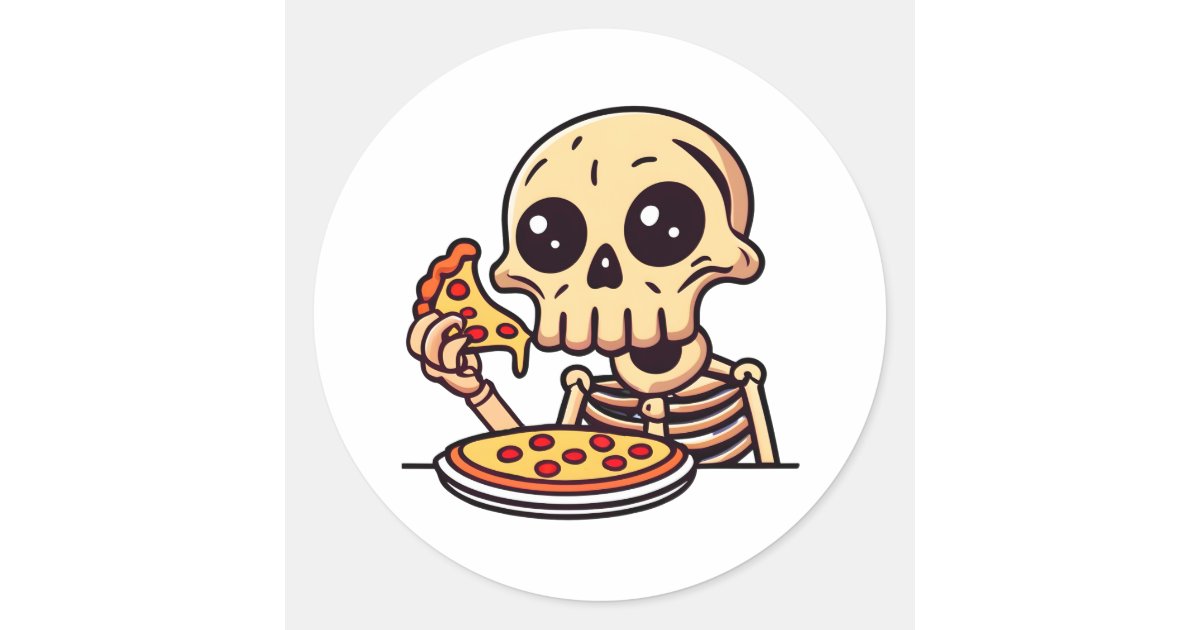 Skeleton Eating Pizza Cartoon Classic Round Sticker | Zazzle