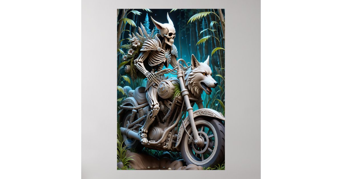 skeleton on a chopper mounted with a wolf head poster | Zazzle