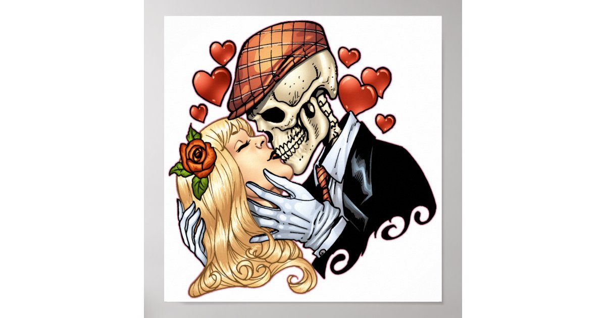 Skull Kiss with Hearts and Roses by Al Rio Poster | Zazzle
