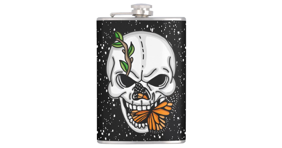 Skull with Monarch Butterflies Black Background Hip Flask | Zazzle