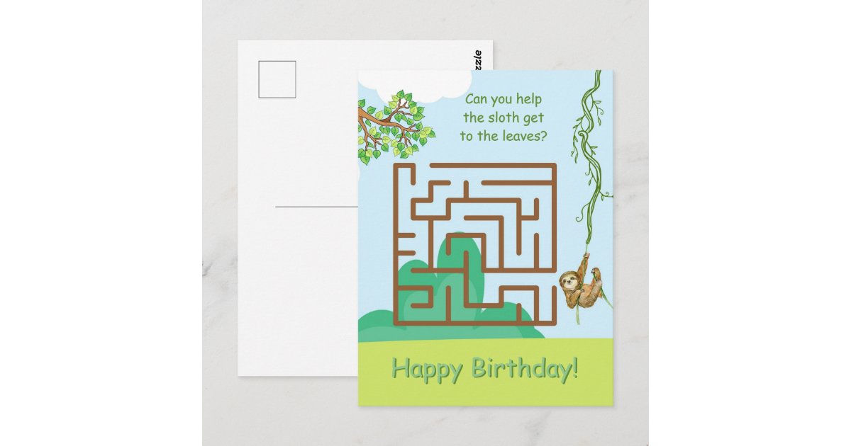 Sloth and leaves, maze puzzle birthday postcards | Zazzle