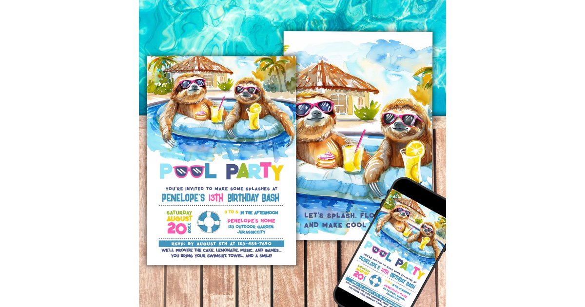 Sloth Pool Party Birthday Invitation | Zazzle