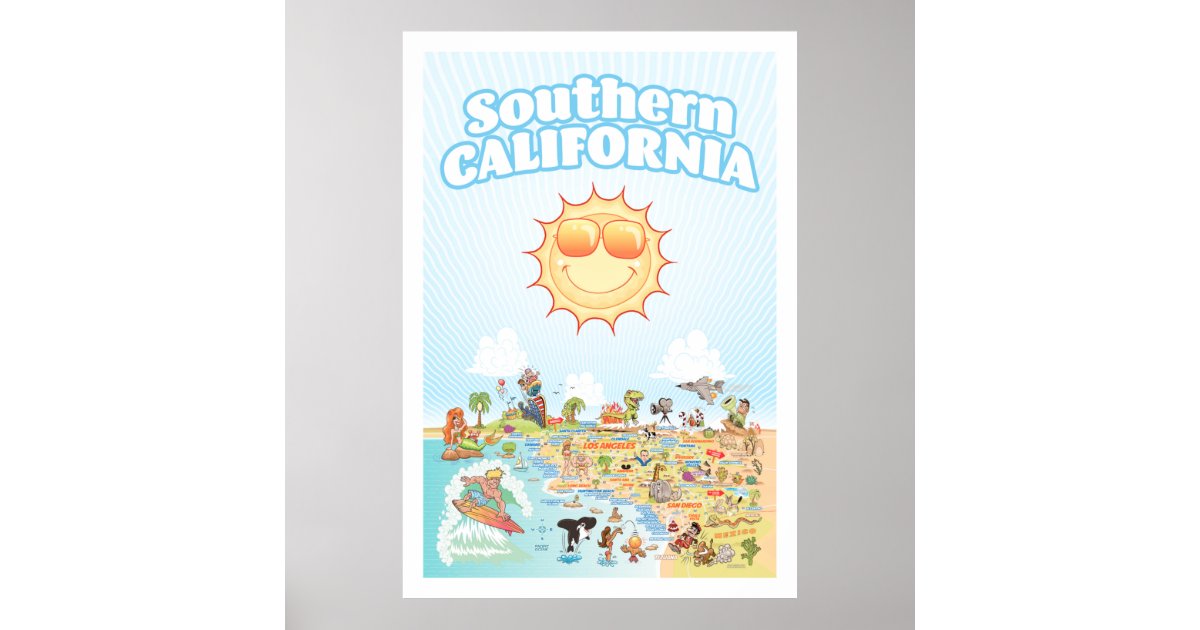 Southern California Cartoon Map Poster | Zazzle