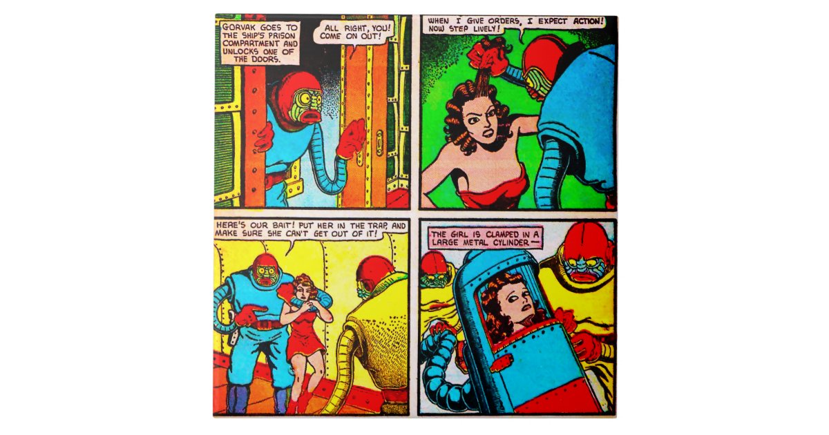 SpaceHawk, Martians, and a Damsel Comic Book Page Tile | Zazzle