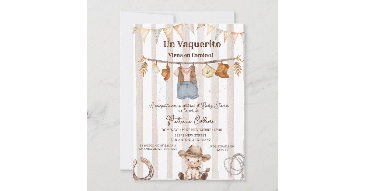 Spanish Vaquerito Cowboy Clothline Baby Shower Invitation | Zazzle