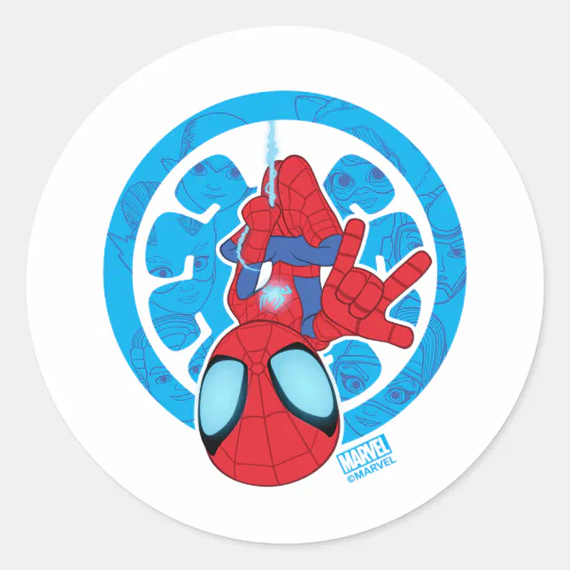 Spidey Hanging Upside Down Logo Villain Collage Classic Round Sticker ...