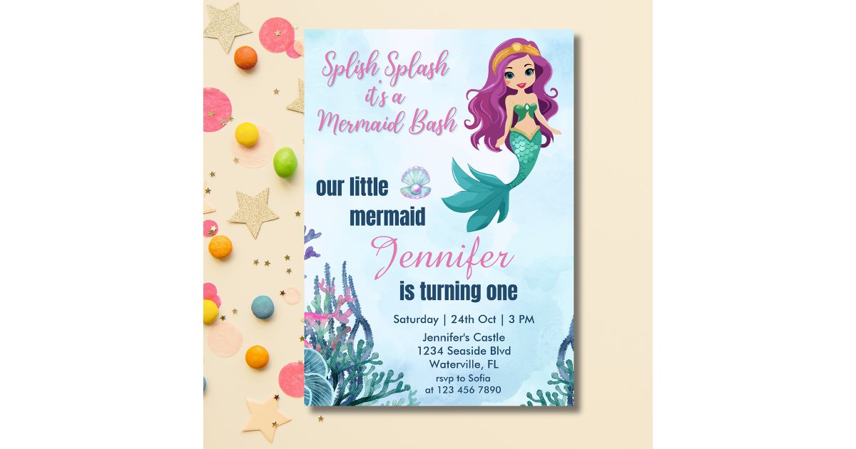 Splish Splash Mermaid Bash Girls 1st Birthday Invitation | Zazzle