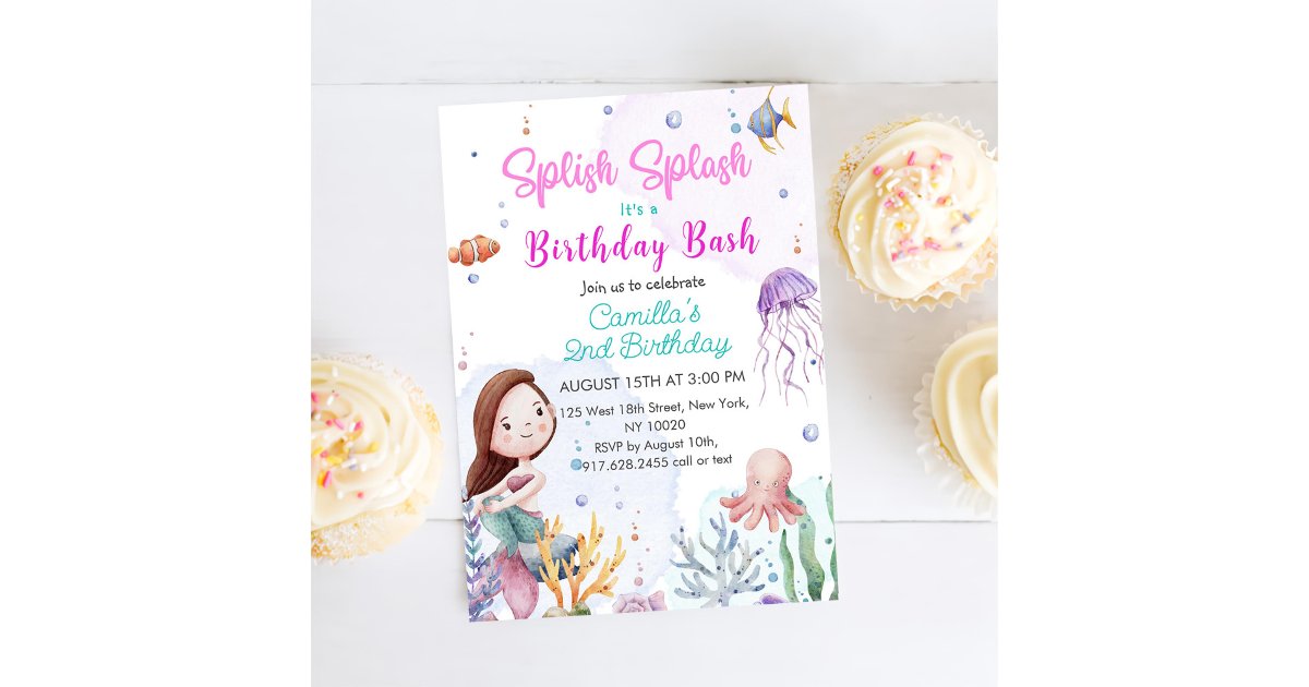 Splish Splash Mermaid Girl 2nd Birthday Party Invitation | Zazzle