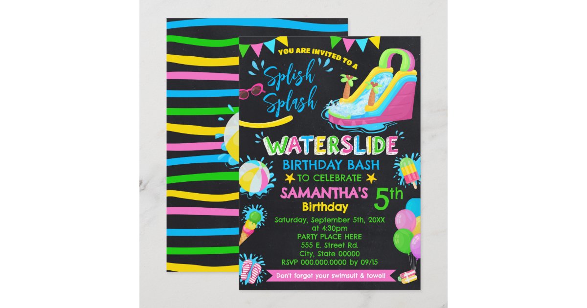 Splish Splash Waterslide Birthday Party Chalkboard Invitation | Zazzle