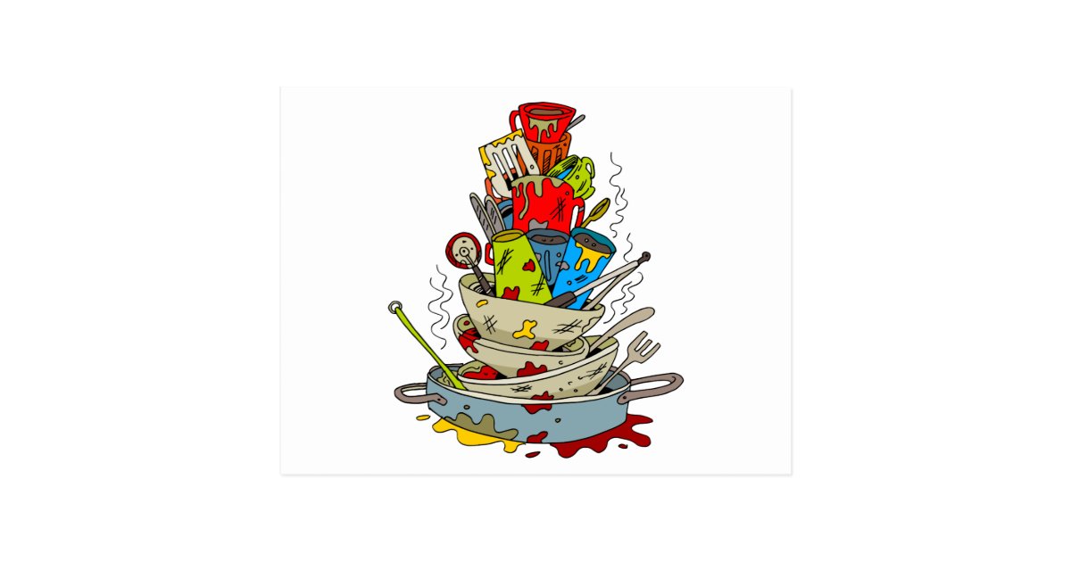 Stack of Dirty Dishes Cartoon Postcard | Zazzle.ca