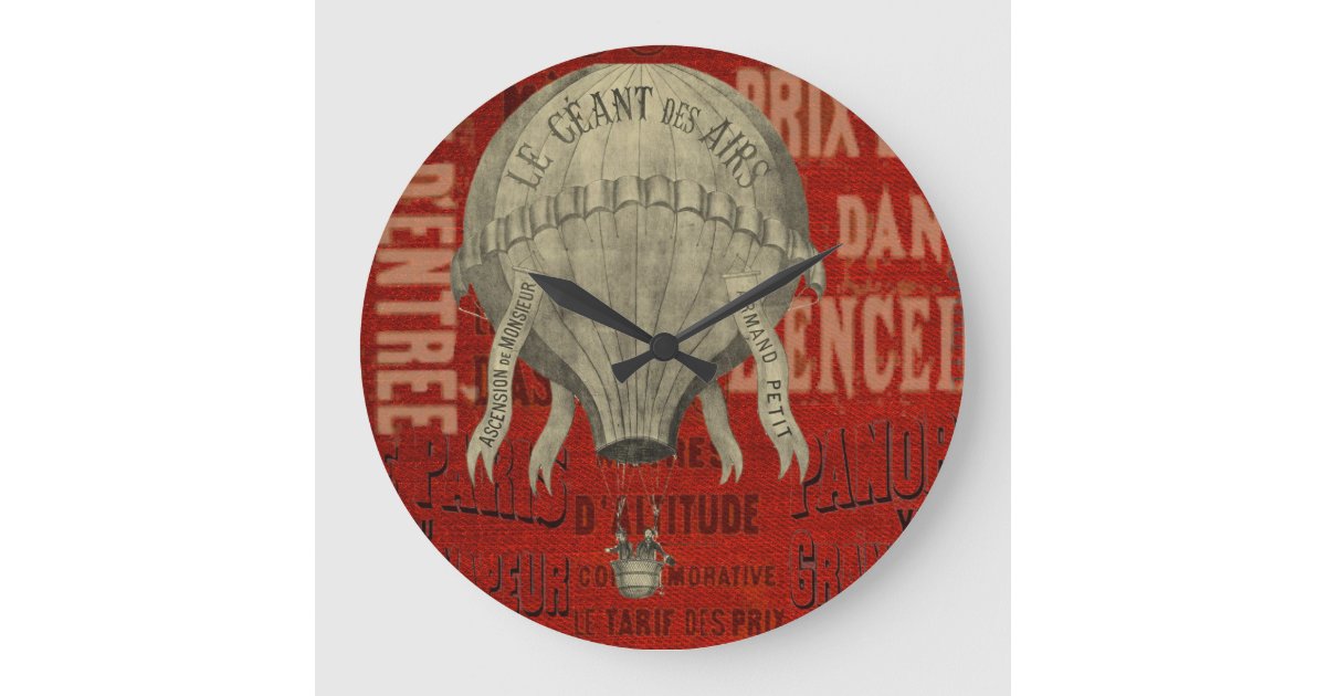 Steampunk Hot Air Ballon Ride Graphic Fonts in Red Large Clock | Zazzle