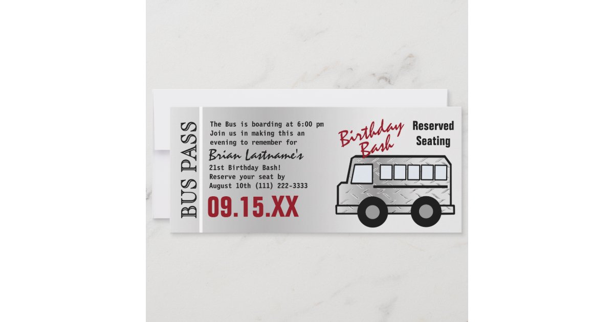 Steel Design 21st Birthday Party Bus Pass Invitation | Zazzle