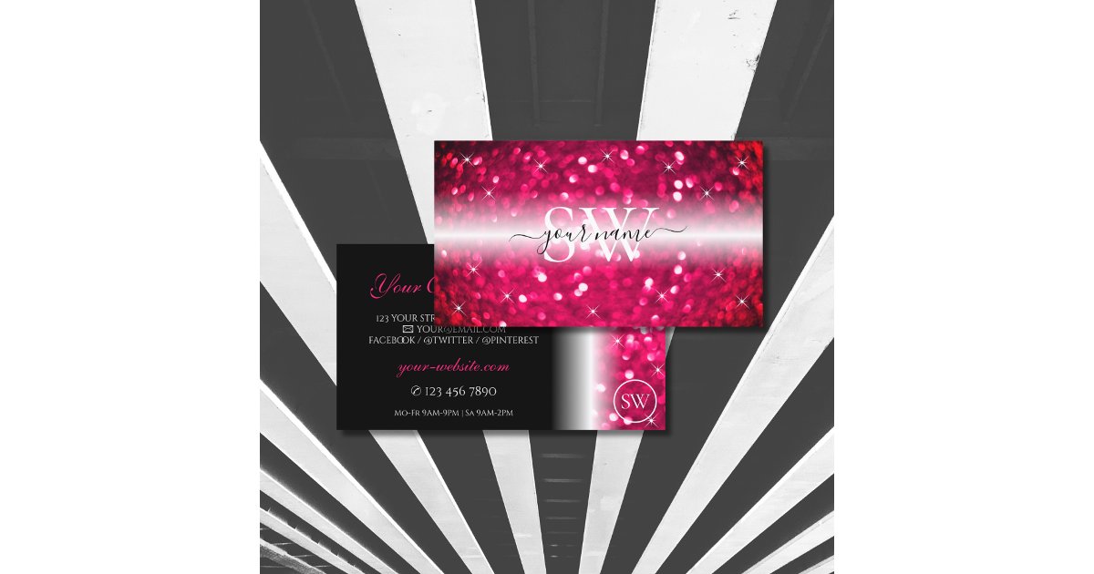 Stylish Black Pink Sparkling Glitter Initials Chic Business Card | Zazzle