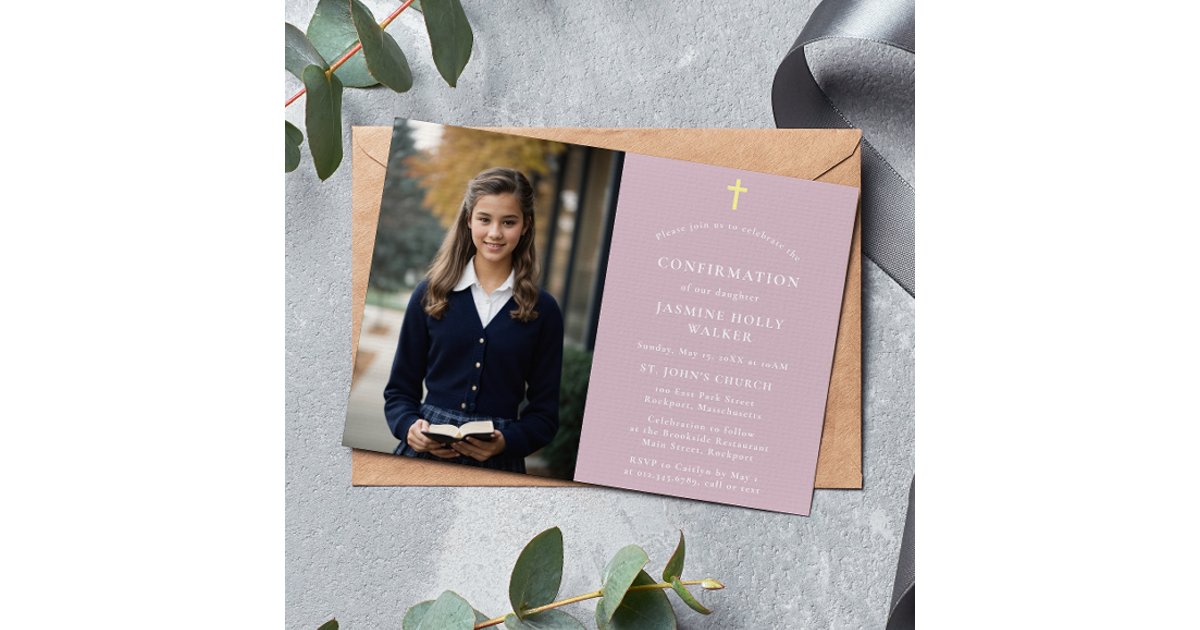 Stylish modern classic photo Pink Confirmation Invitation | Zazzle