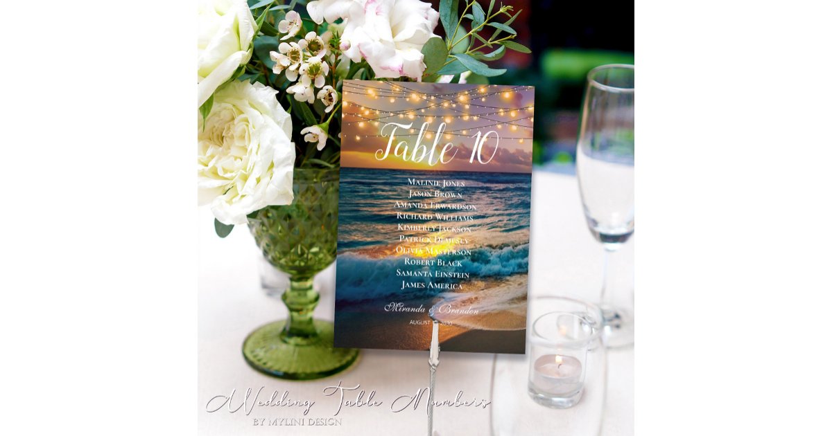 Sunset Lights Beach Seating Chart Table Card | Zazzle