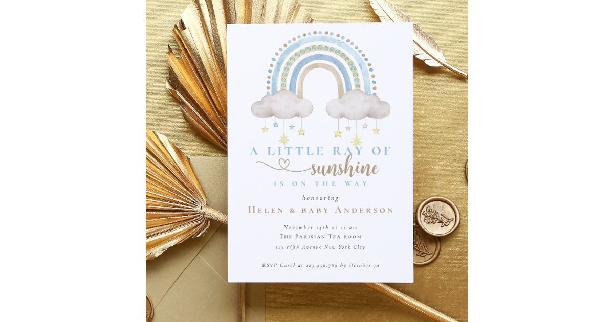 Sunshine Blue Boho Rainbow Boy Baby Shower Invitation | Zazzle