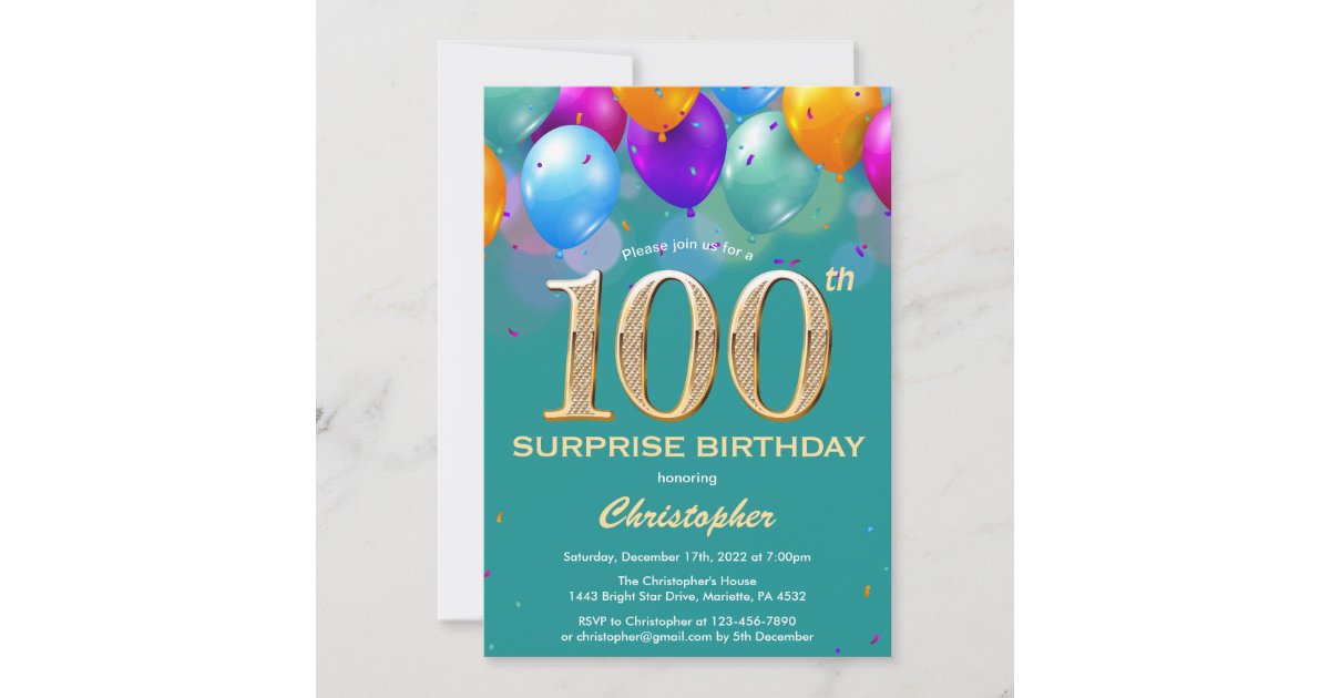 Surprise 100th Birthday Teal and Gold Balloons Invitation | Zazzle