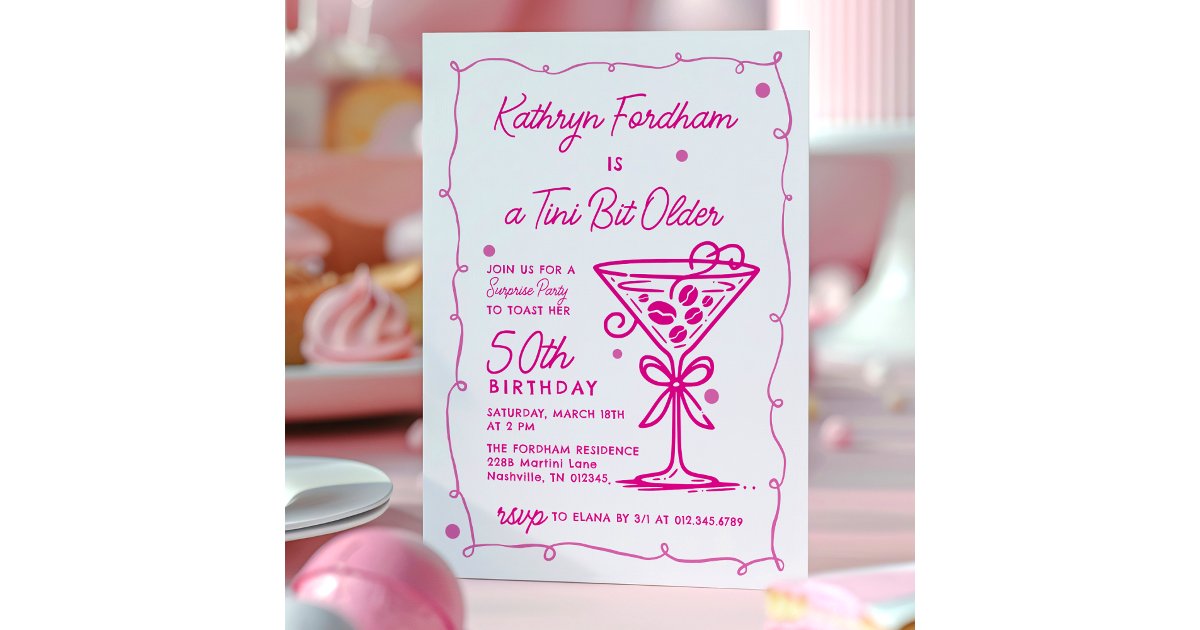 SURPRISE PARTY Pink Doodle Martini 50th Birthday Invitation | Zazzle