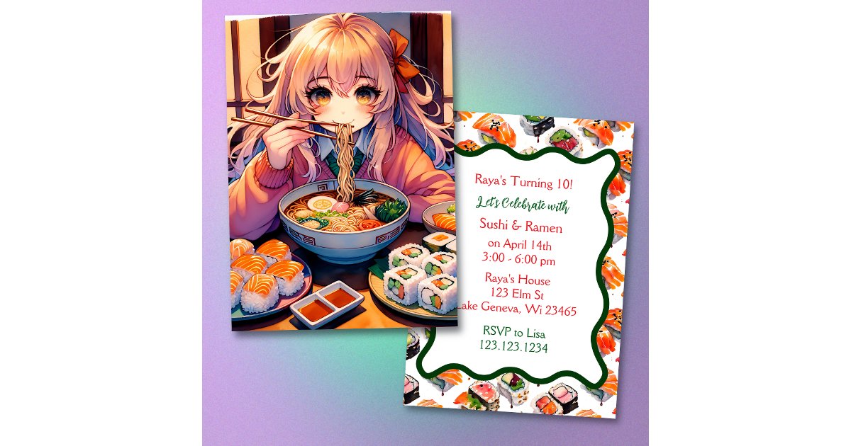 Sushi and Ramen Girl's Anime Birthday Party Invitation | Zazzle