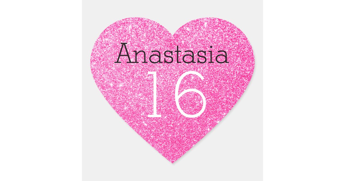 Sweet 16 Name Age Black & Hot Pink Glitter Sparkle Heart Sticker | Zazzle