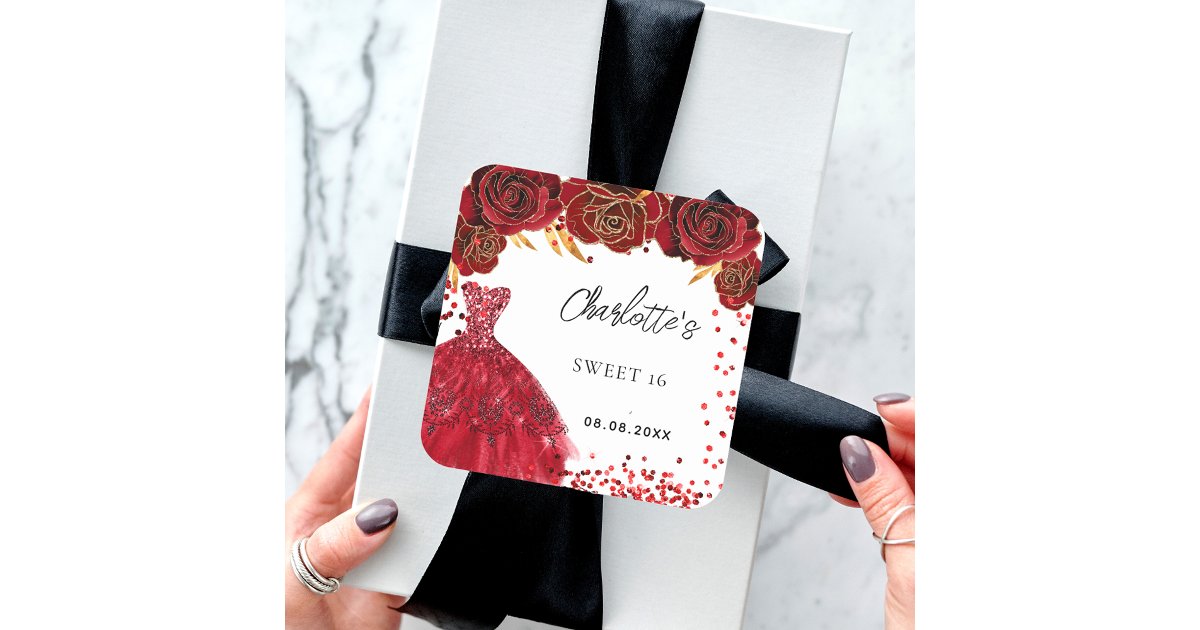 Sweet 16 red dress flowers white square sticker | Zazzle
