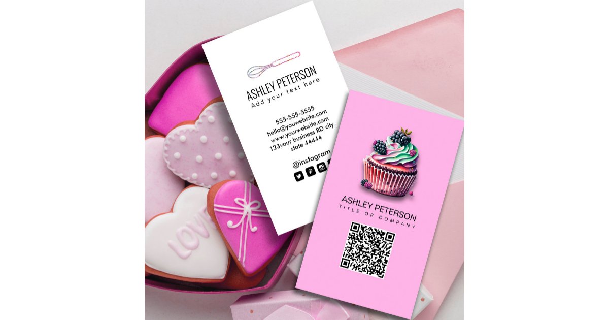 Sweet Cupcake Catering Bakery Pink QR Code Social Business Card | Zazzle