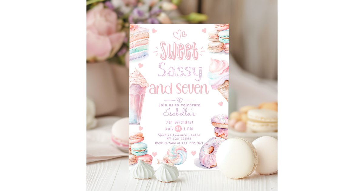 Sweet sassy and seven pastel sweets 7th birthday invitation | Zazzle