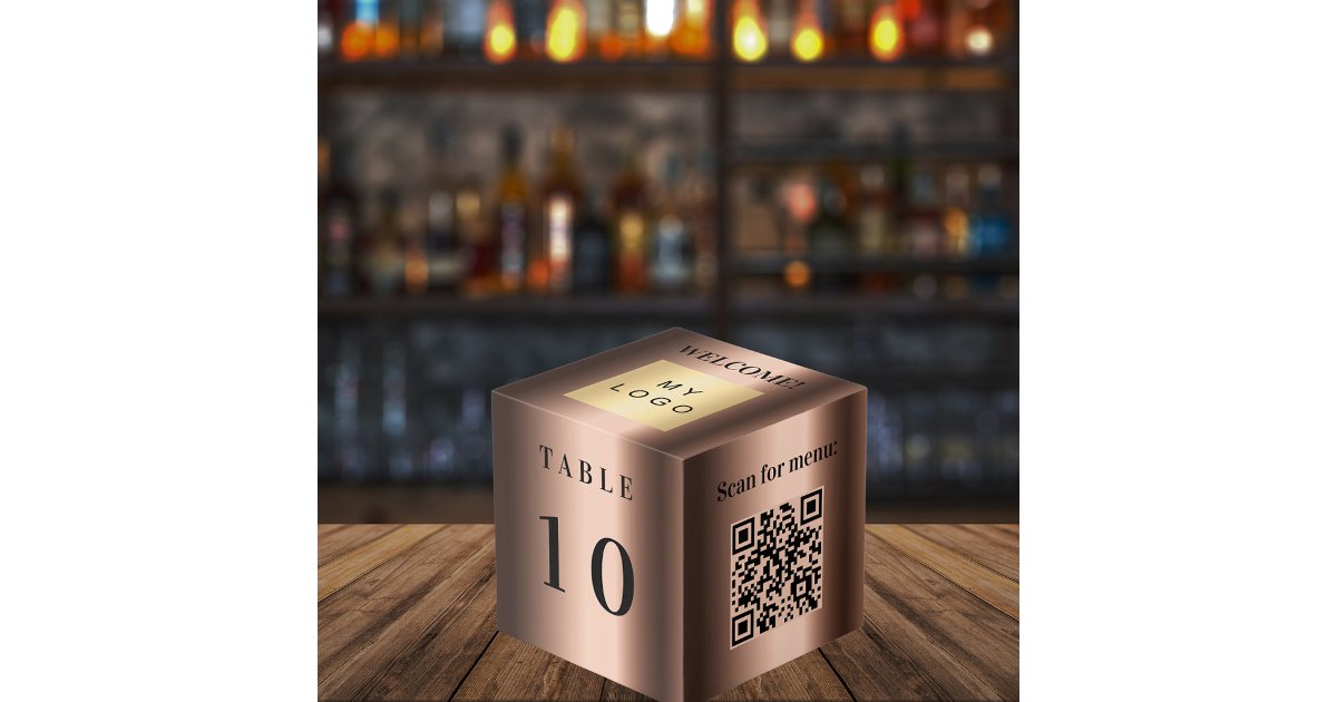 Table number QR code menu bronze business logo Cube | Zazzle