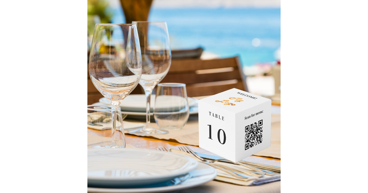 Table number QR code menu white business logo Cube | Zazzle