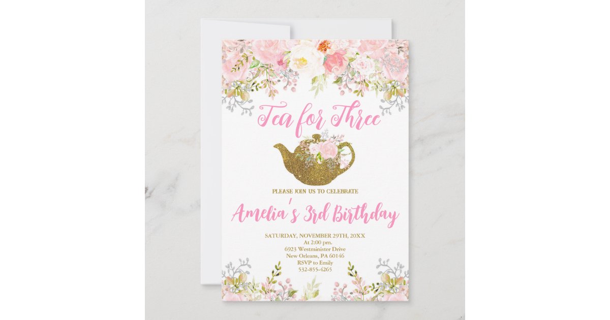 Tea for Three Invitation, Pink Floral 3rd Birthday Invitation | Zazzle